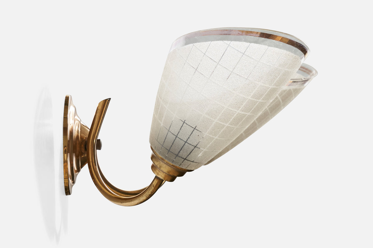 French Designer, Wall Light, Brass, Glass, France, 1950s – PRB