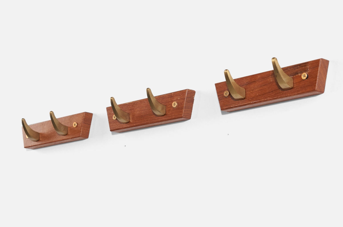 Hafa, Set of Three Coat Hangers, Brass, Teak, Sweden, 1960s – PRB