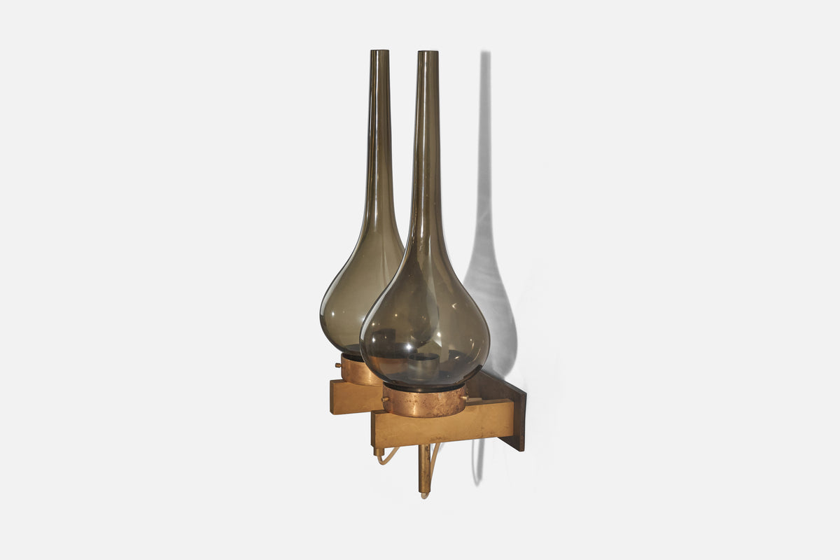 Italian Designer, Wall Lights, Brass, Smoked Glass, 1950s – PRB