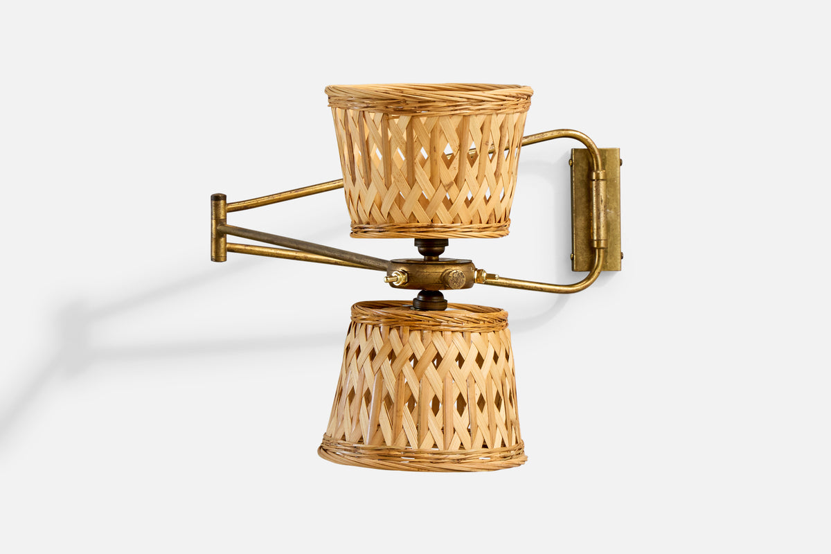 René Mathieu, Wall Light, Brass, Rattan, France, 1950s – PRB