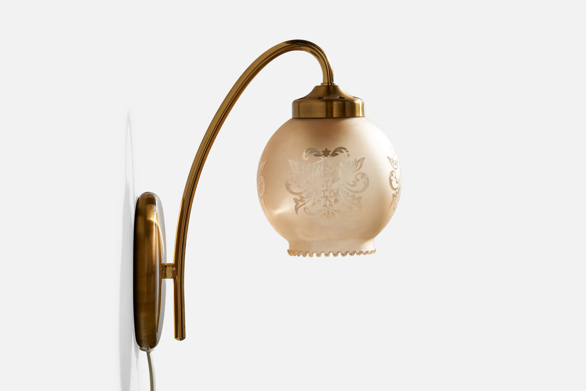 Swedish Designer, Wall Light, Brass, Glass, Sweden, 1970s – PRB