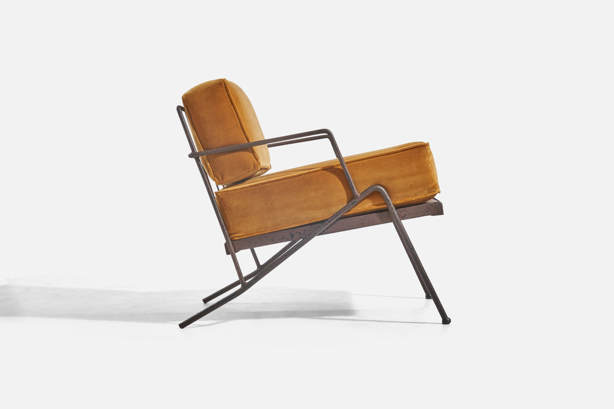 American Designer, Lounge Chair, Metal, Wood,Velvet, USA, 1940s – PRB