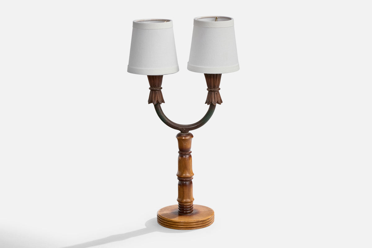 Italian Designer, Table Lamps, Wood, Iron, Fabric, Italy, 1940s – PRB