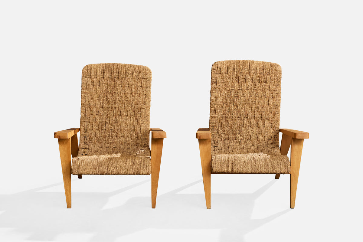 Augusto Romano Attribution, Lounge Chairs, Wood, Rush, Italy, 1940s – PRB